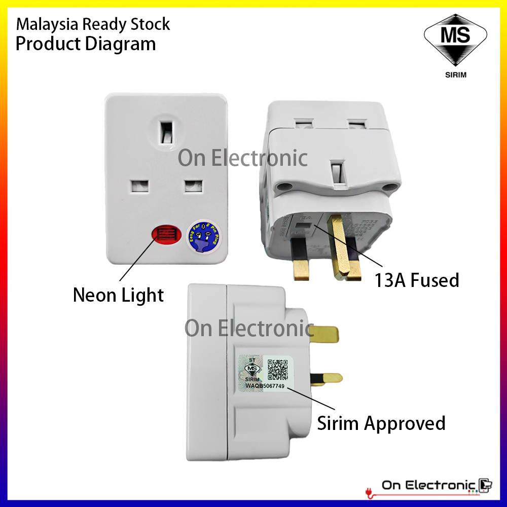 ME 101-G3 3 PIN 3 WAY ADAPTOR 13A 250V 2 PIN FRIENDLY NEON LIGHT WITH ...