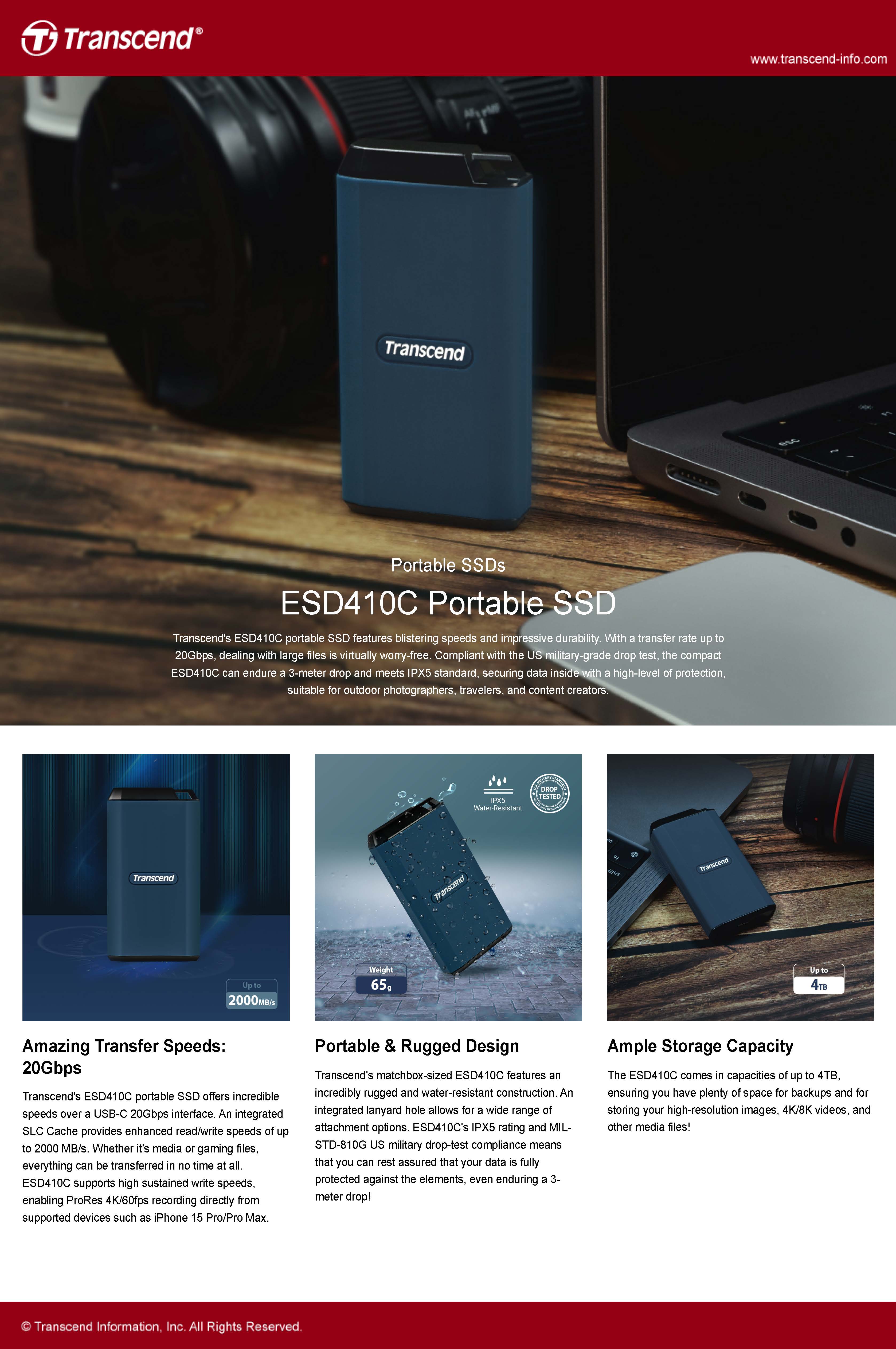 Transcend ESD410C Portable SSD USB-C 20Gbps Dark Blue ( 1TB / 2TB / 4TB ...