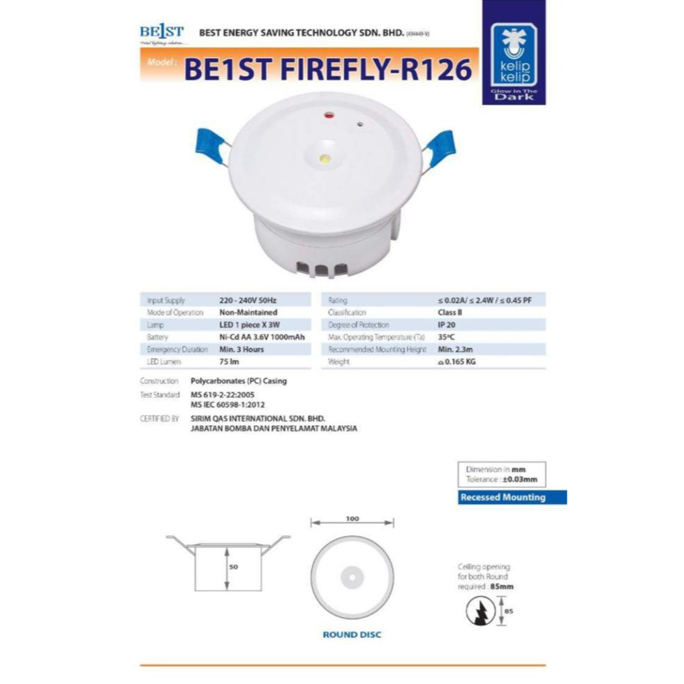 KELIP KELIP BE1ST Firefly - R126 1pc X 3W LED Recessed Emergency Light ...