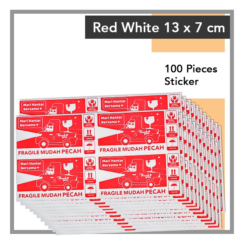 100pc Color Red White Cute Cat 9x5 / 13x7cm Fragile Label Sticker ...