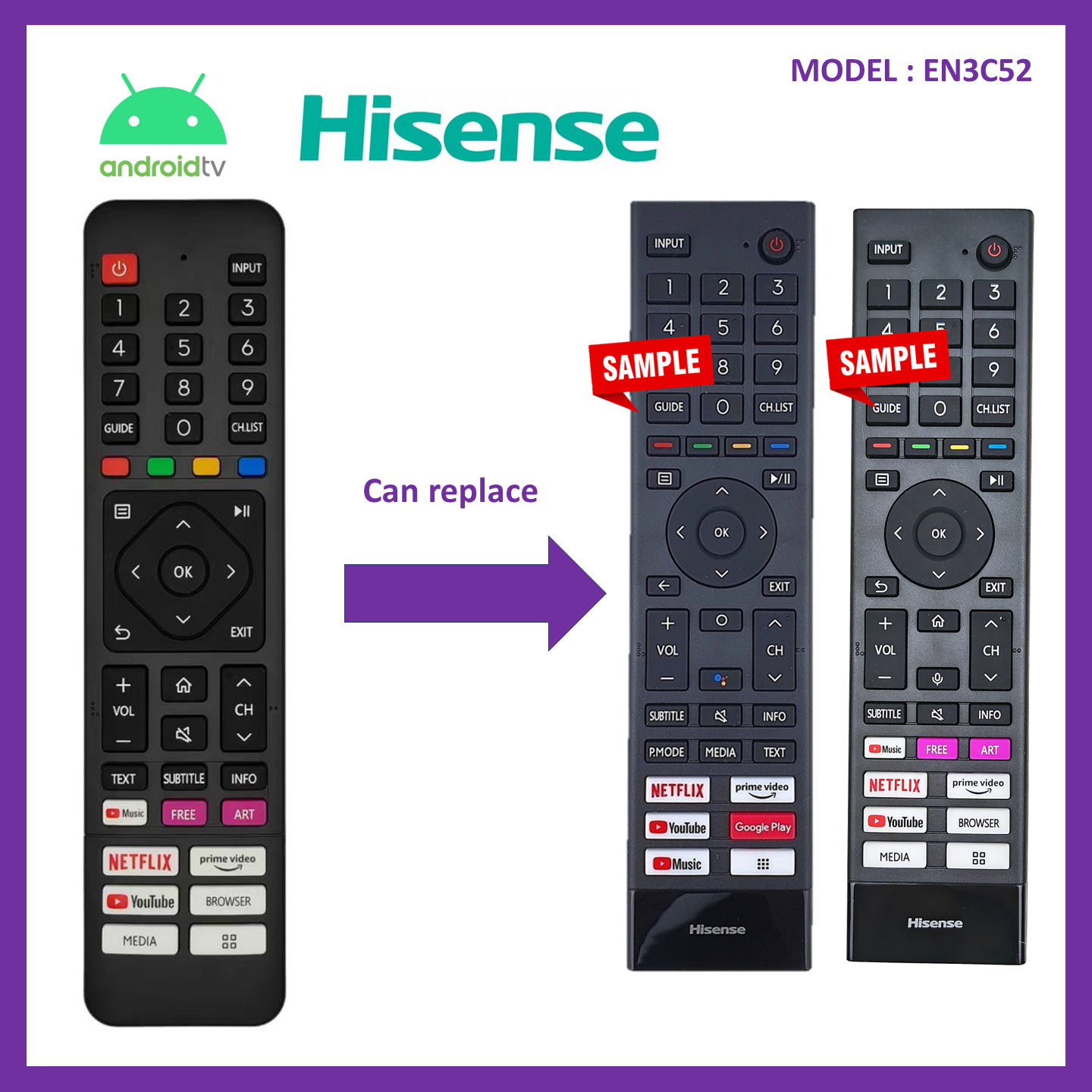 Hisense 4K UHD QLED Android Smart TV Remote Control EN3C52 Replacement ...
