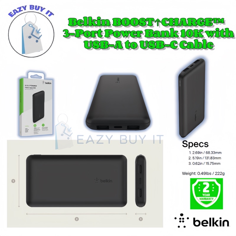 BELKIN BOOST-CHARGE 2 USB-A PORTS & 1 USB-C PORT 15W POWER BANK 10000 ...