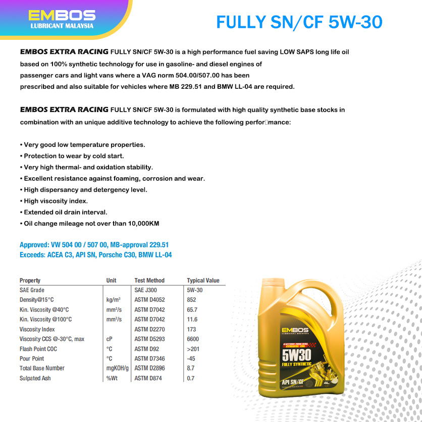 EMBOS 5W30 Fully Synthetic 𝐄𝐗𝐓𝐑𝐀 𝐑𝐀𝐂𝐈𝐍𝐆 | SN/CF 5W-30 4 Liter engine oil Toyota Honda Perodua ...