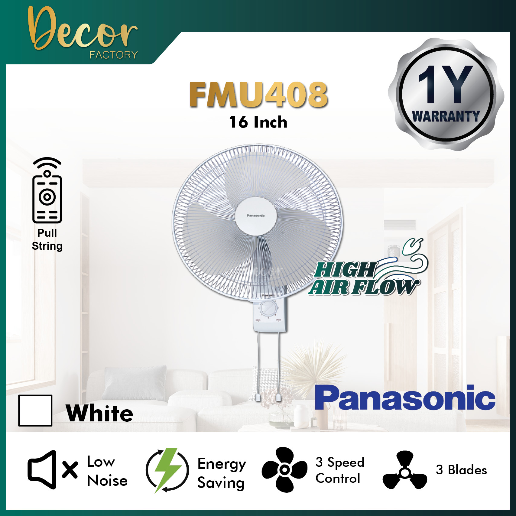 Panasonic Fan Panasonic FMU408 16" Wall Fan F-MU408 3 Blades White ...