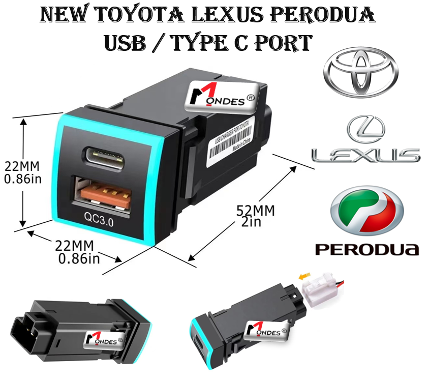 QC3.0 New Toyota USB charging port Perodua Alza Ativa Cross Veloz Vios ...