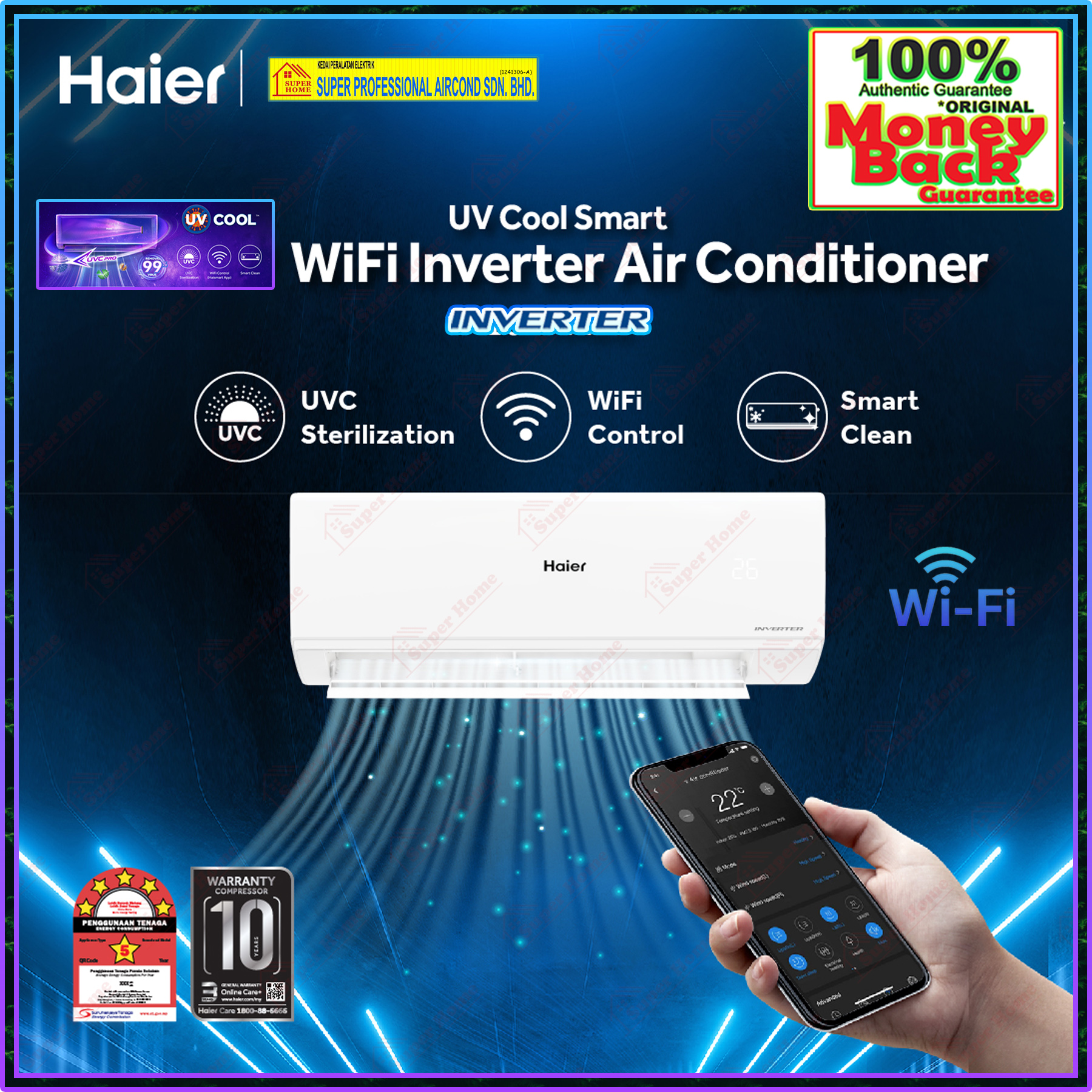 Haier 1.0hp Inverter Air Conditioner HSU-10VRA22 (WiFi) UV Cool Smart R32 5 Star Energy Rating ...