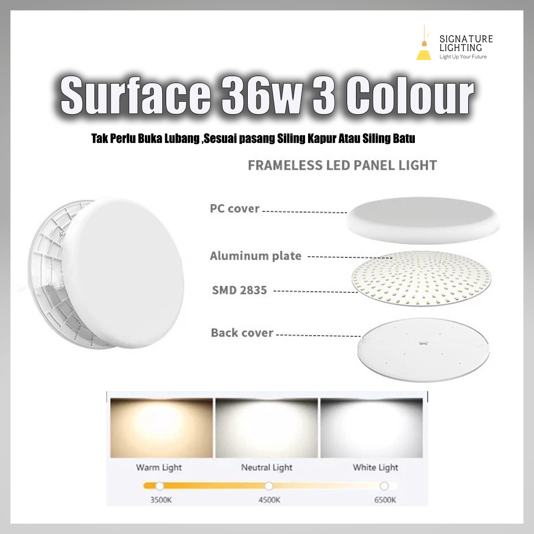LED 3 Warna Surface Downlight 36W Bulat Petak Sesuai Siling Kapur dan ...