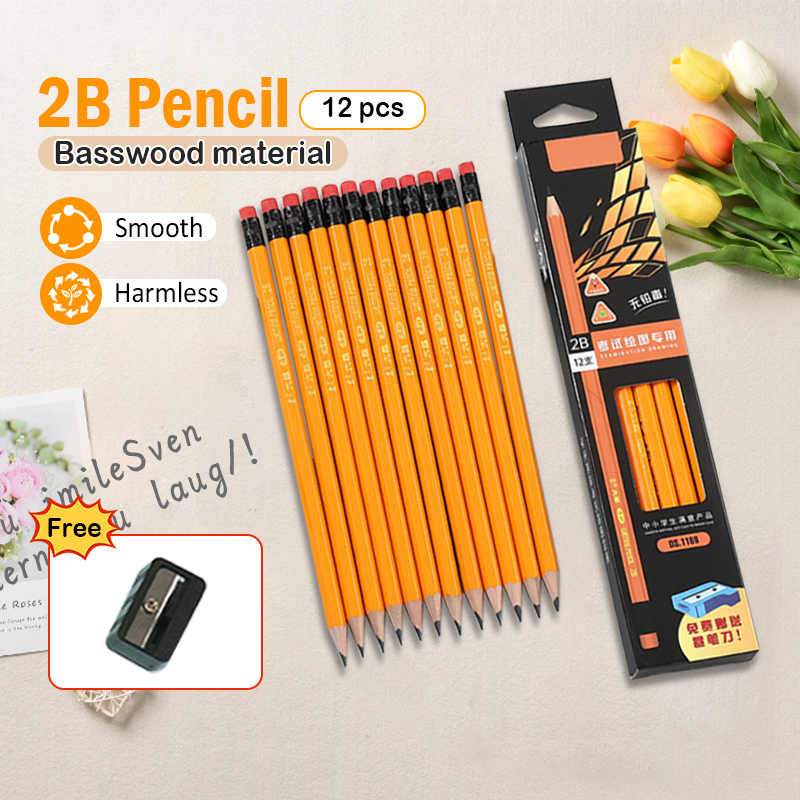 Graphite 2B Pencil (Box of 12 Pcs) +Free Sharpener Pensel Menulis Black ...
