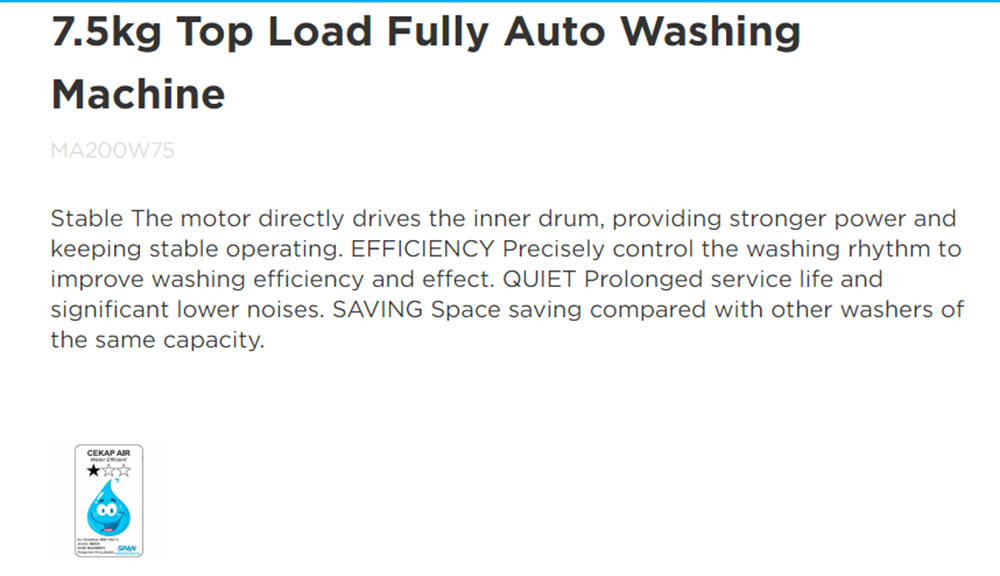Midea MA200W75 7.5kg Top Load Fully Auto Washing Machine | ESH | Shopee ...