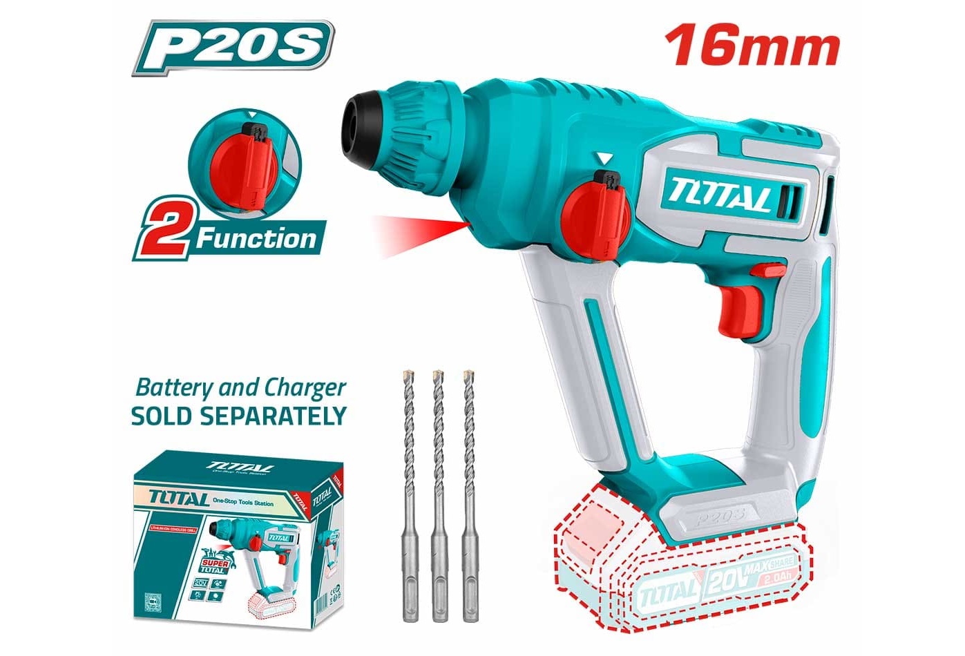 Total TRHLI20168 / TRHLI201681 Li-ion Rotary Hammer 20V Cordless Rotary ...