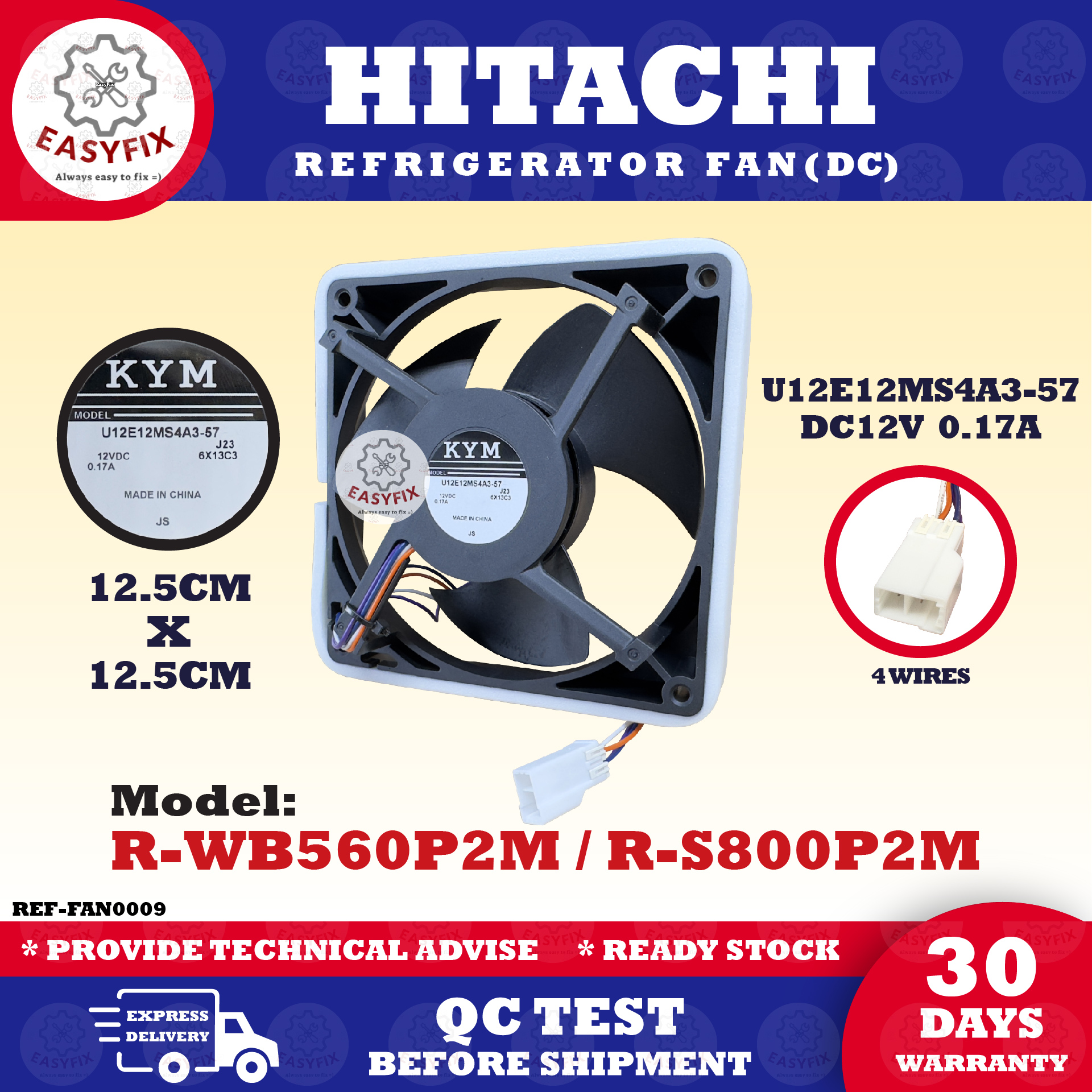(U12E12MS4A3-57) R-WB560P2M / R-S800P2M 12.5CM HITACHI REFRIGERATOR FAN ...
