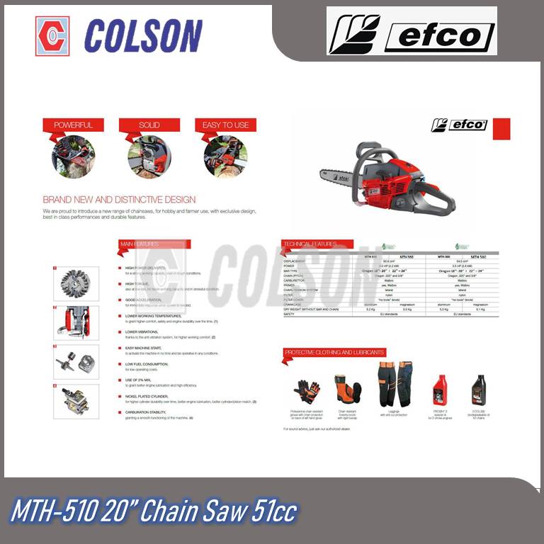 COLSON EFCO Italy Chainsaw 20" 51cc Chain Saw MTH510 Oregon Guide Bar ...