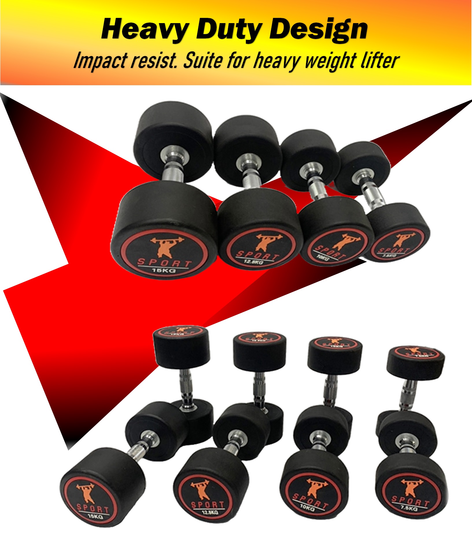 ADSports 2.5KG/5KG/7.5KG/10KG/12.5KG/15KG/17.5KG/20KG/22.5KG/25KG Round Head Dumbbell Rubber ...