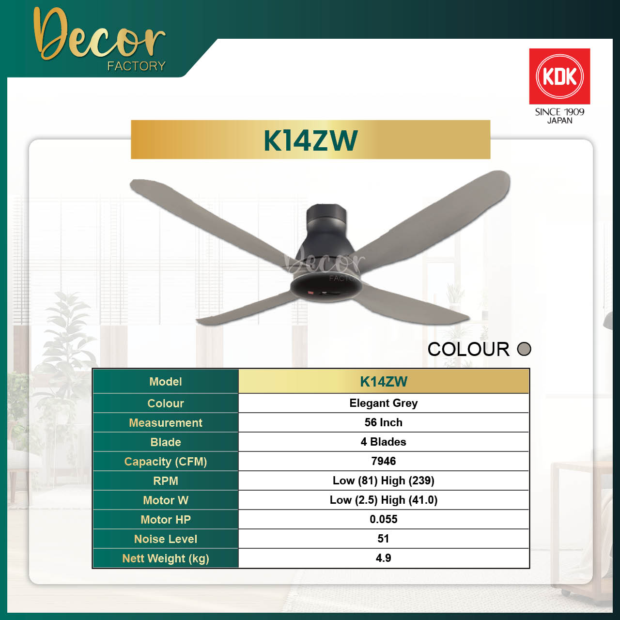 KDK Fan KDK Sensa Series KDK K14ZW K15Z5-QEY K15Z5-REY 56'' 4 Blades 5 ...