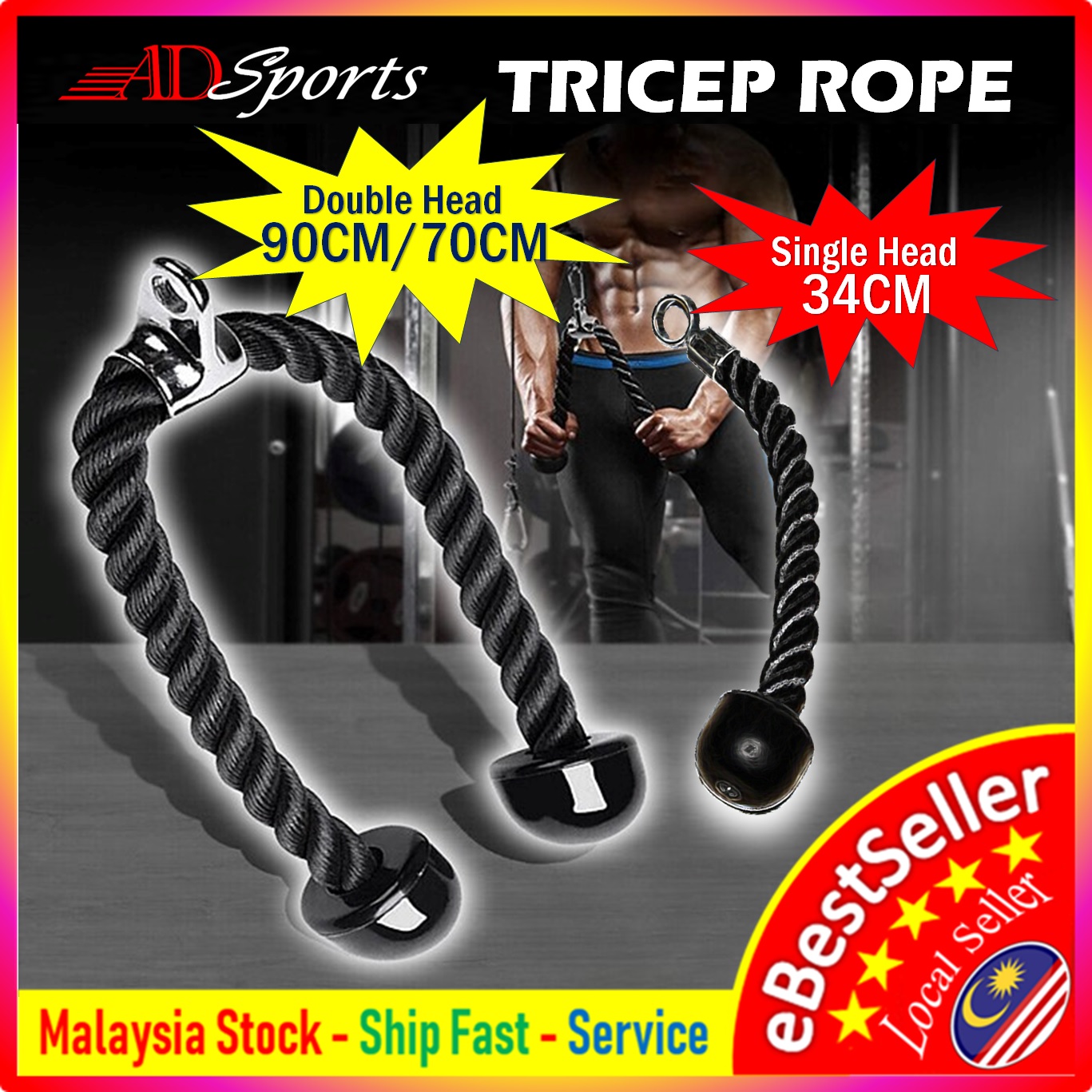 ADSports Heavy Duty Tricep Rope Gym Press Pull Down Arm Rope Push Pull ...
