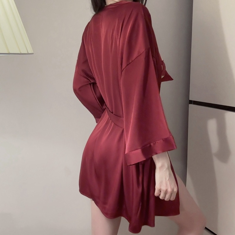 Ice Silk NightRobe Long Sleeve V Neck Nightdress Robe With Belt Women's ...