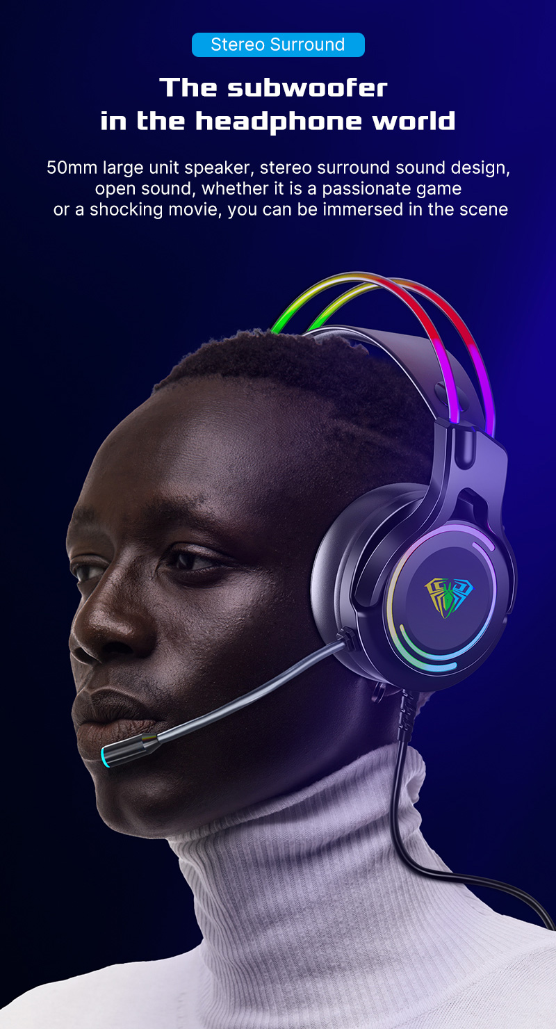 AULA S506 Wired RGB Gaming Headset, Stereo Sound, Closed Earmuffs Gaming with Adjustable Mic ...