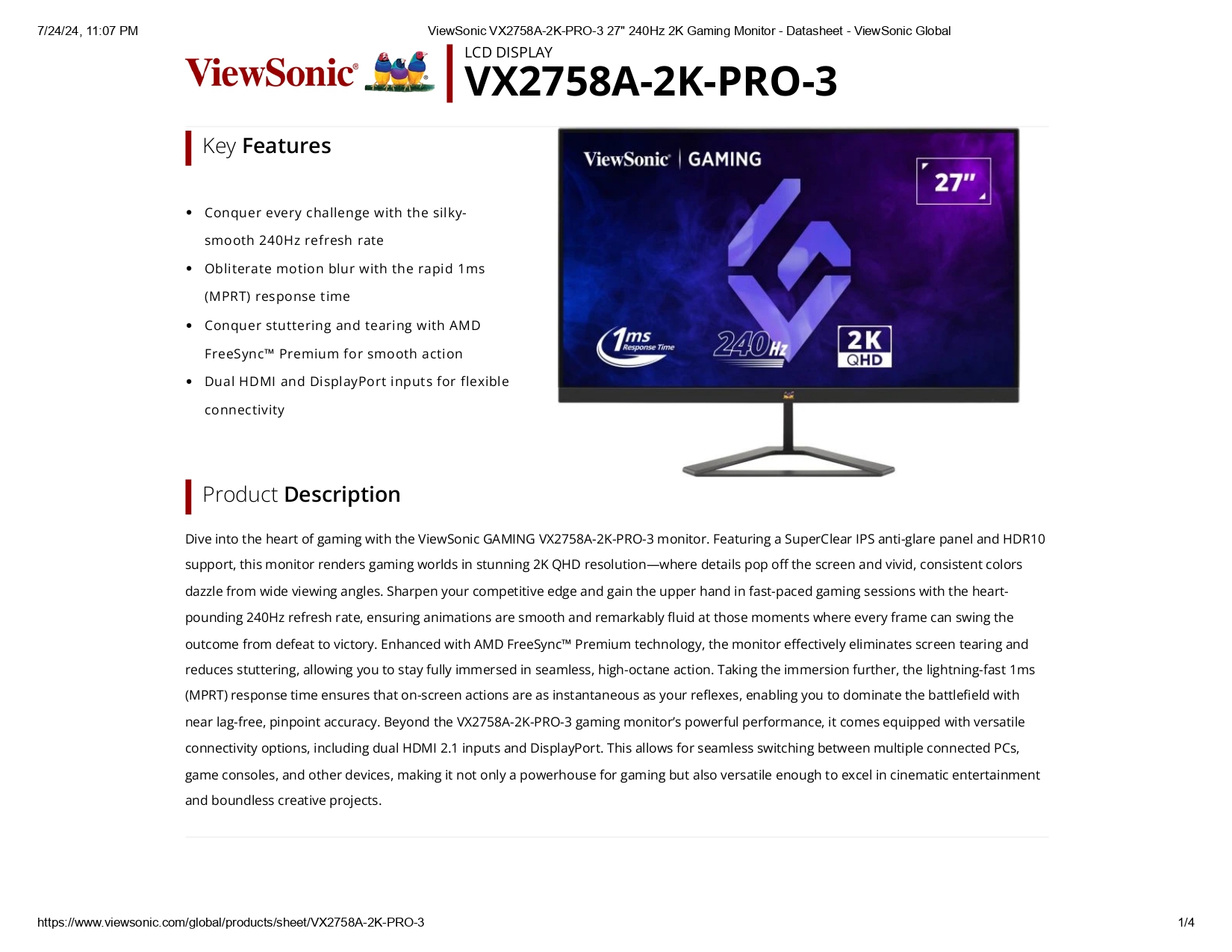VIEWSONIC VX2758A-2K-PRO-3 27" GAMING MONITOR ( 27" IPS QHD / 1MS / 240HZ / AMD FREESYNC / HD MI ...