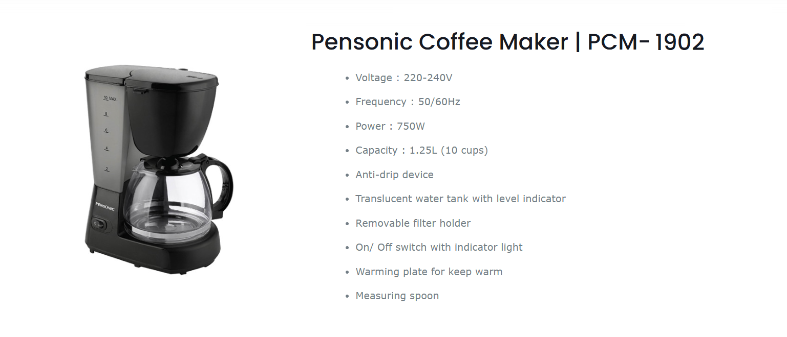 Pensonic Coffee Maker with Removable Filter Anti-Drip Device 1.2L PCM ...