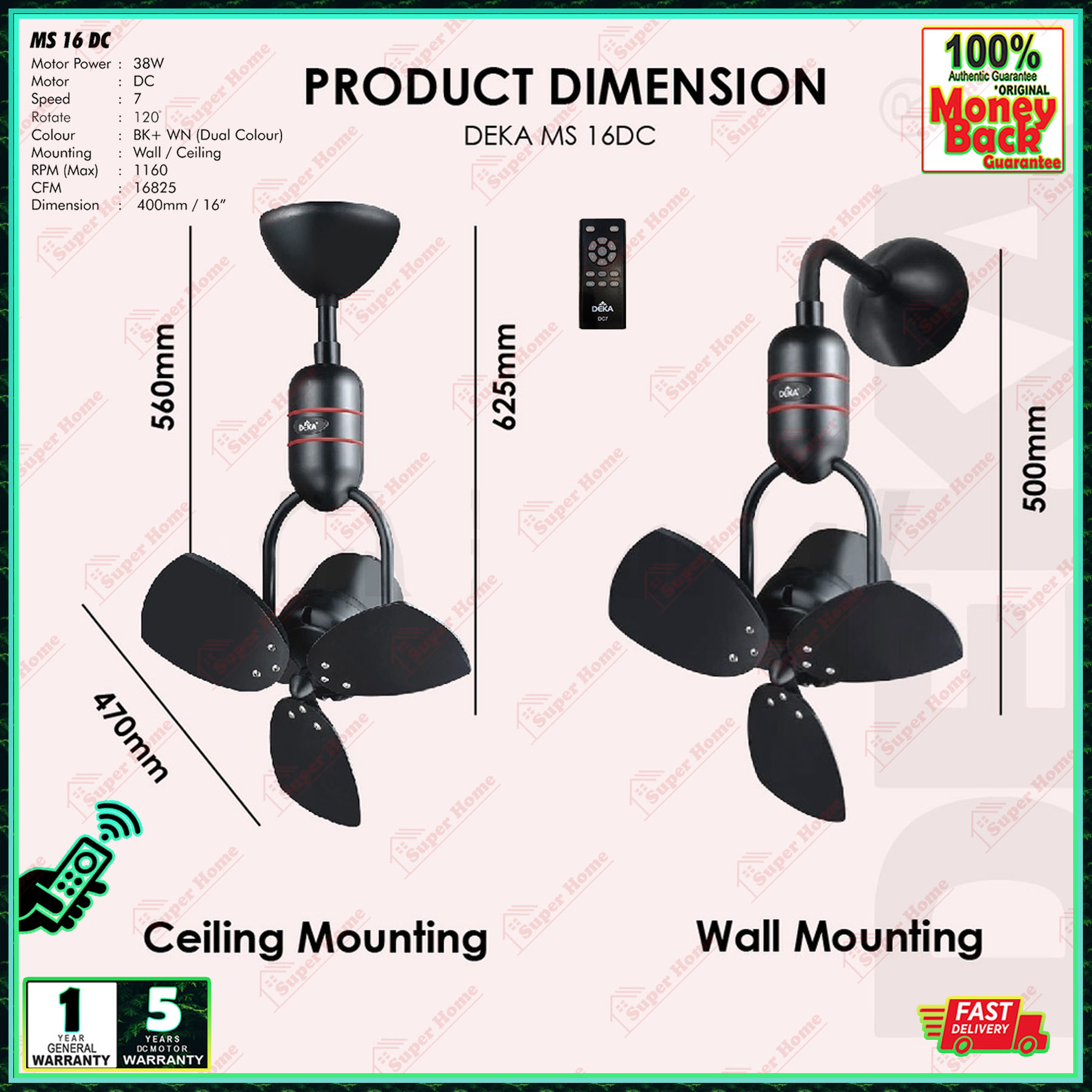 Deka Wall Fan MS16DC Dual Mounting Wall & Ceiling DC Motor Designer Fan ...