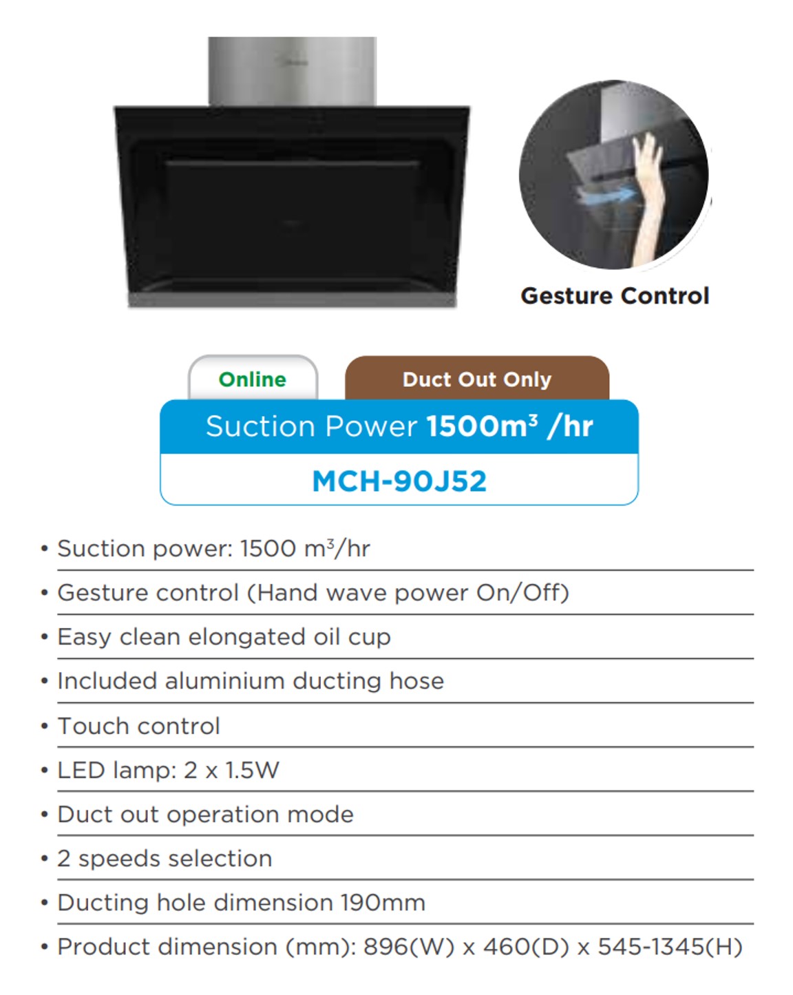 Midea 1500m3/hr Cooker Hood MCH-90J52 with Gesture Control (Hand Wave On/Off) | Shopee Malaysia