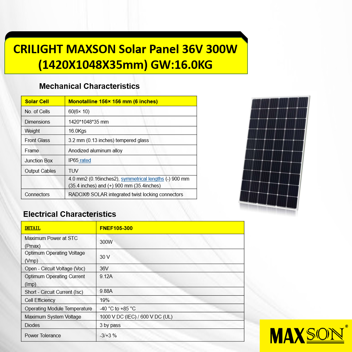 Crilight MAXSON Monocystalline Solar Panel Pagar Elektrik Kebun (300W ...