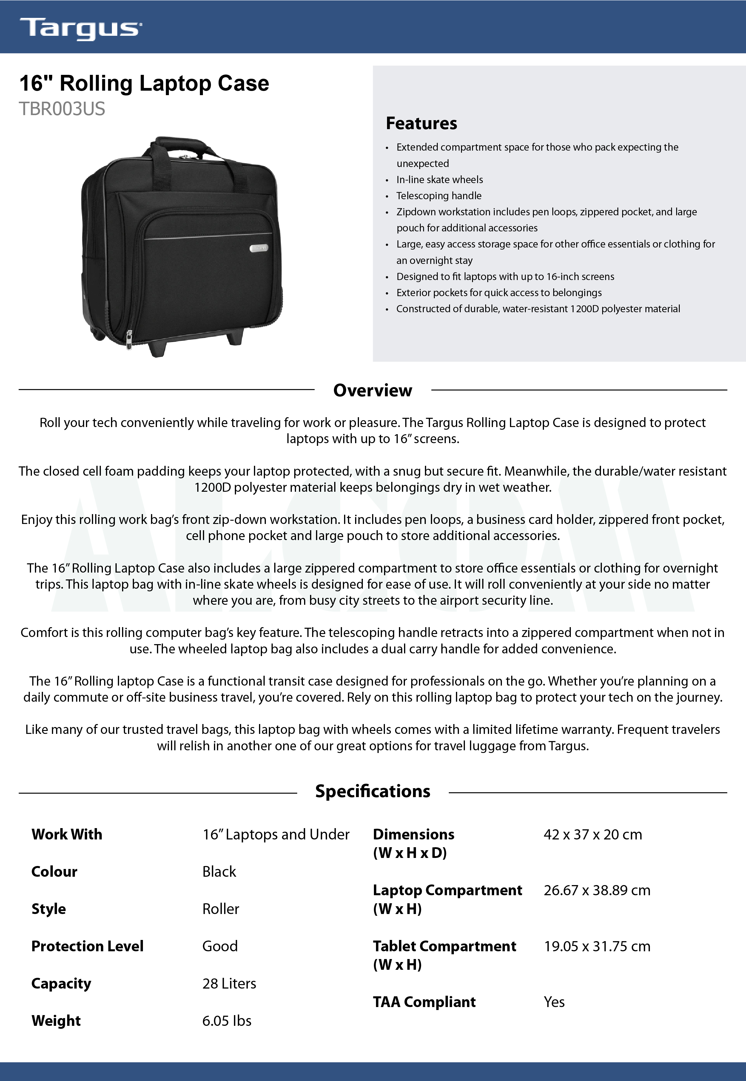 TARGUS TBR003US 16" Rolling Laptop Case with In-line Skate Wheels ...