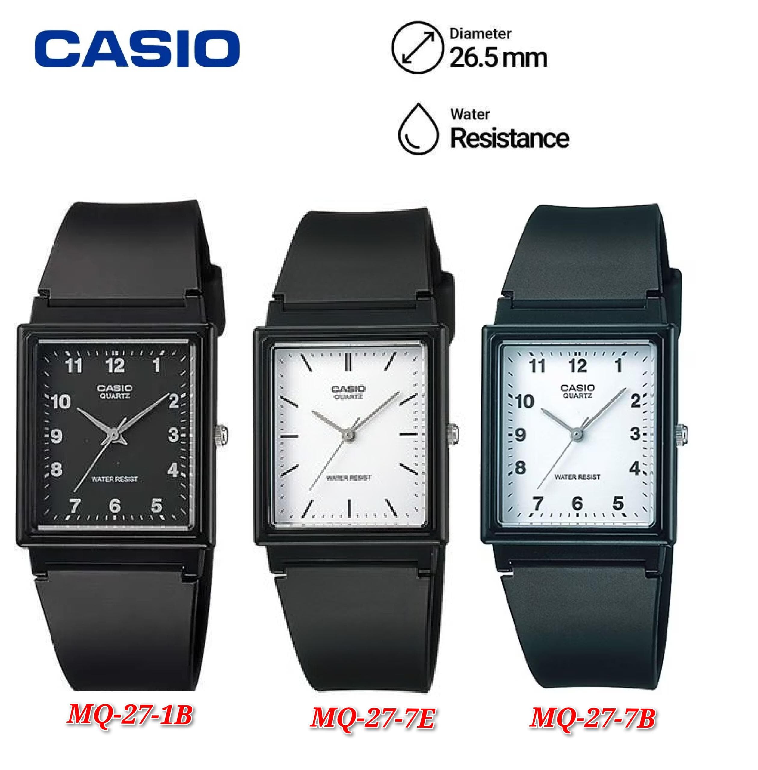 Casio MQ-27 (MQ-27-1B / MQ-27-7B / MQ-27-7E) Series Unisex Analog with Black Resin Band Watch ...