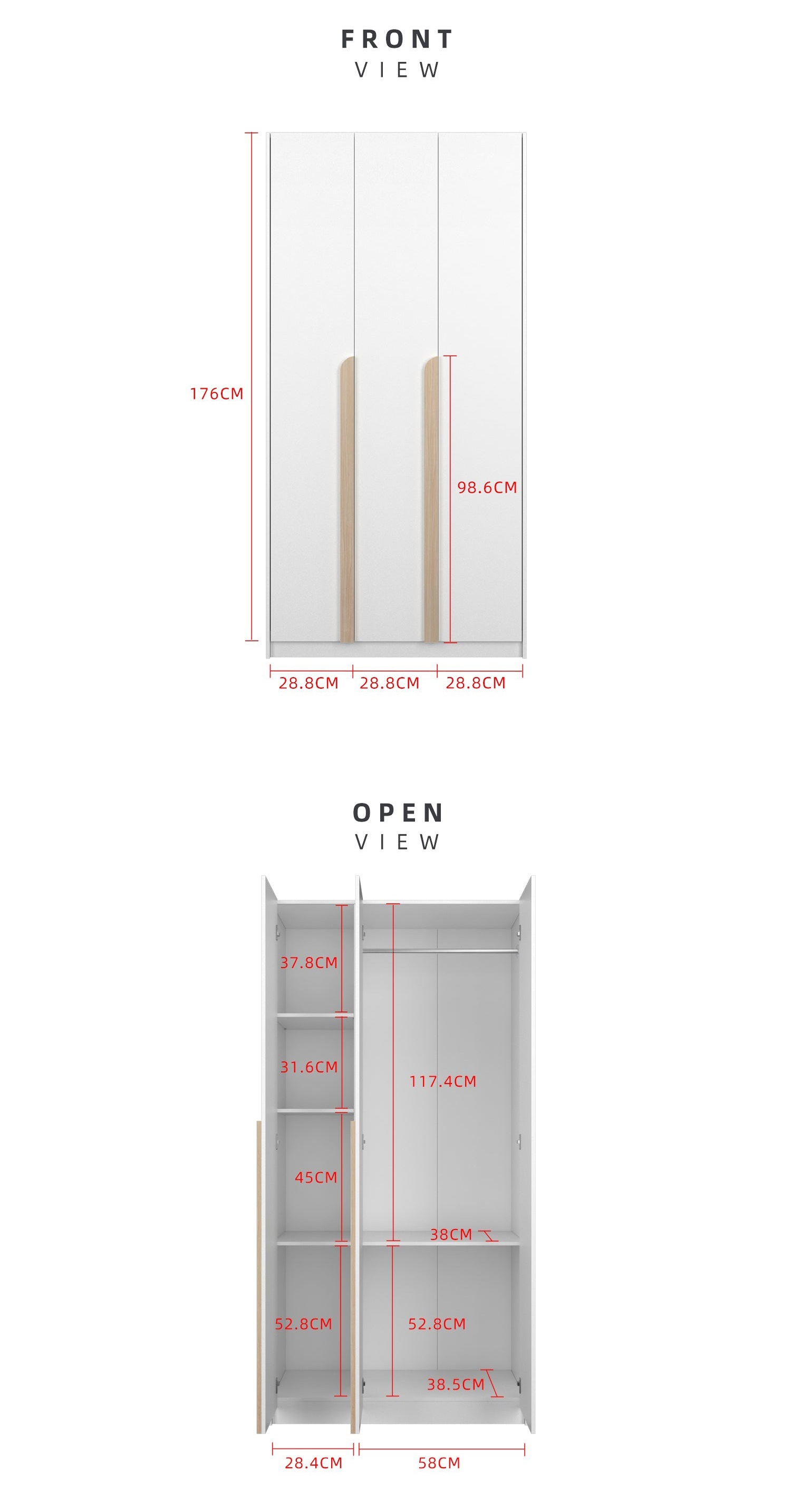 KitchenZ 3 Door Wardrobe with Hanging Rod Wooden Storage Cabinet ...