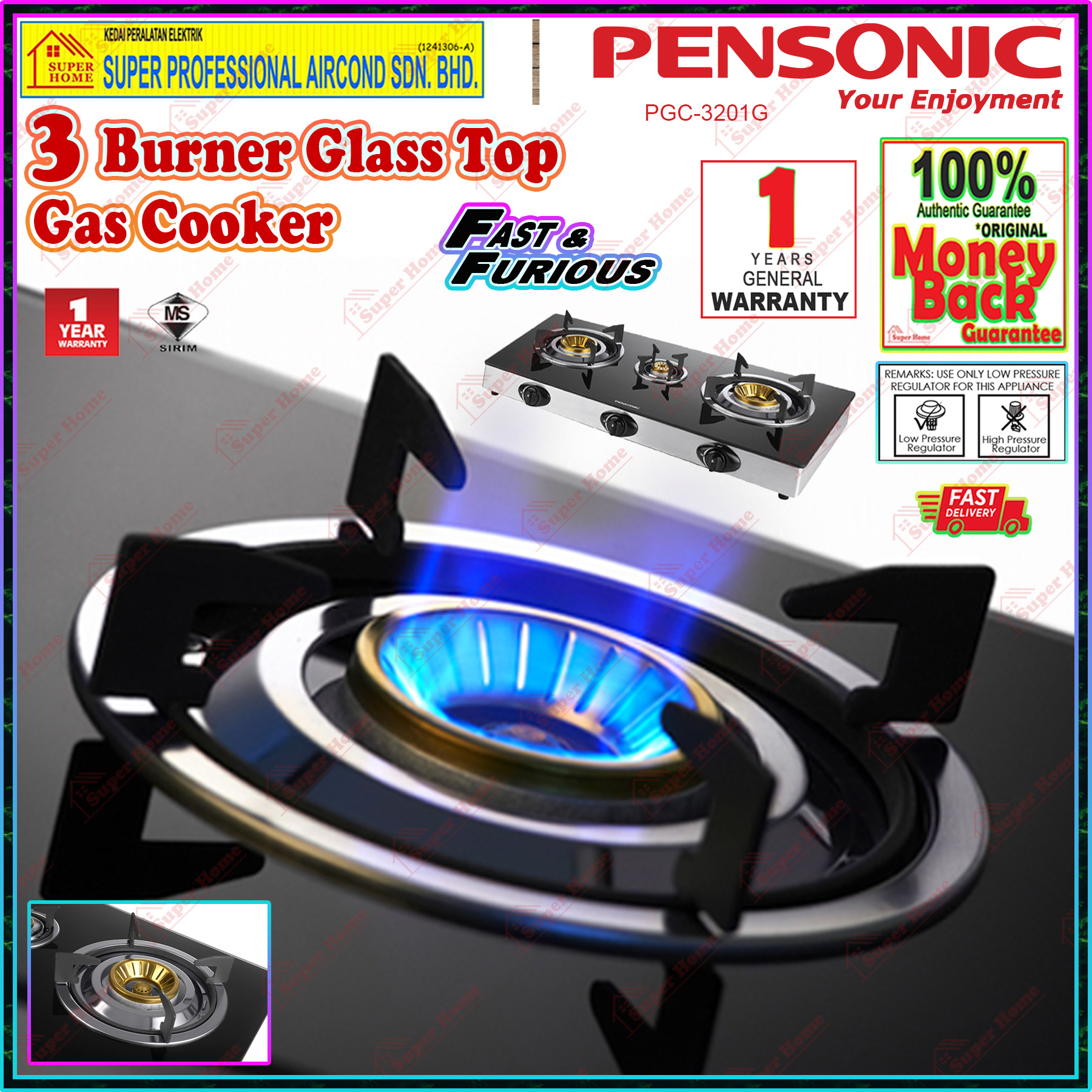 Pensonic Gas Stove PGC-3201G 3 Burners Glass Gas Cooker (6mm Tempered ...