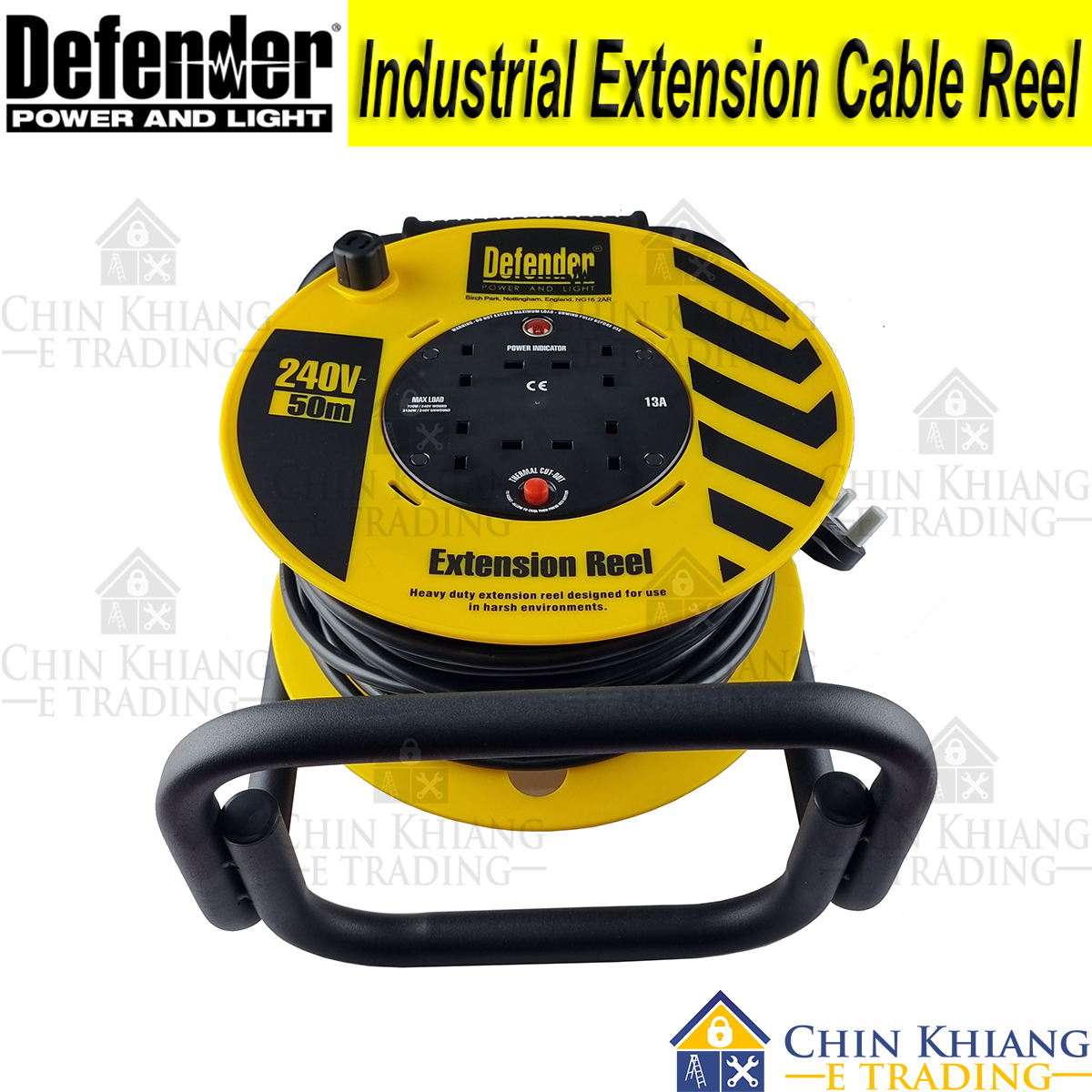 Defender 50M 4-Way Industrial Extension Wire Cable Reel 240V 13A E86582 ...