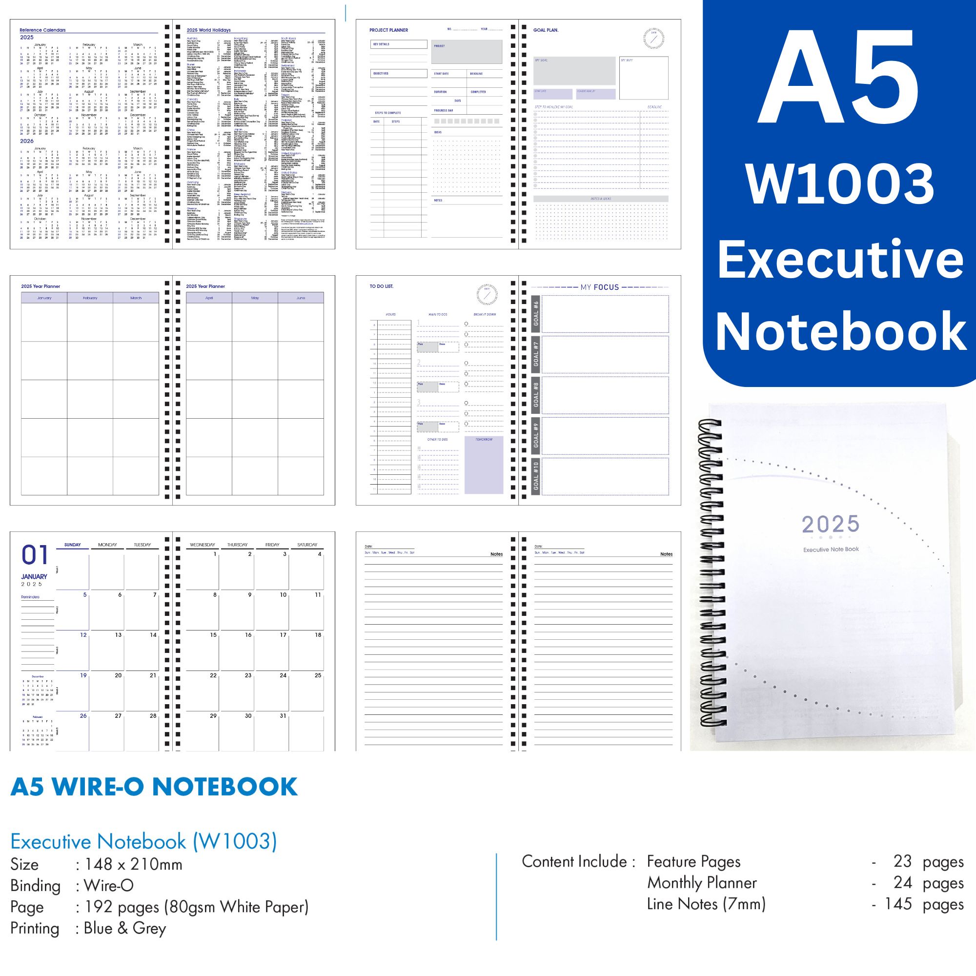 2025 Diary Planner A5 PU Leather W1003 Wire O Monthly Planner Notebook ...