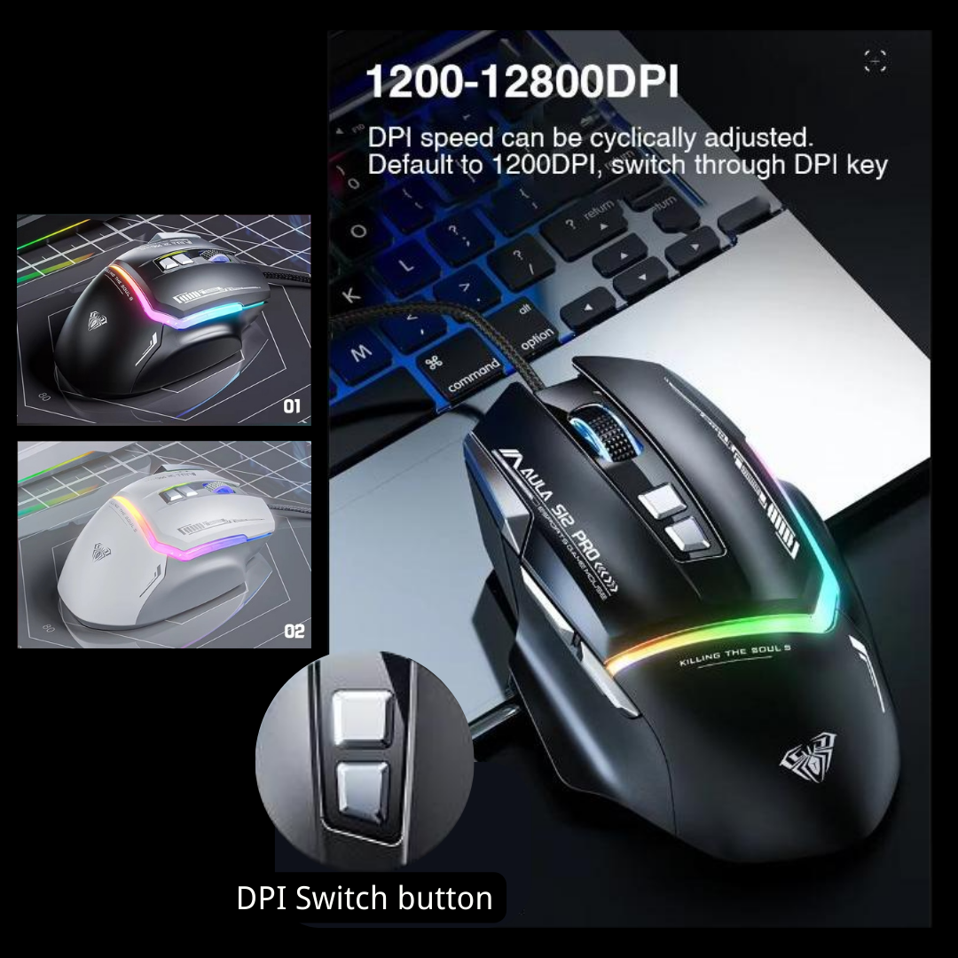 AULA S12Pro RGB Wired Gaming Mouse 12800DPI with 8Programmable Button ...