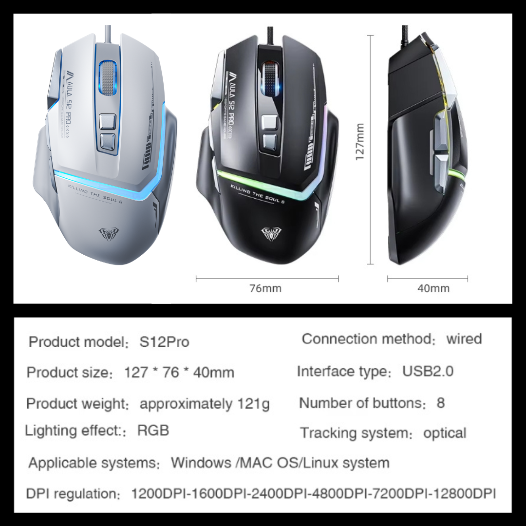 AULA S12Pro RGB Wired Gaming Mouse 12800DPI with 8Programmable Button ...
