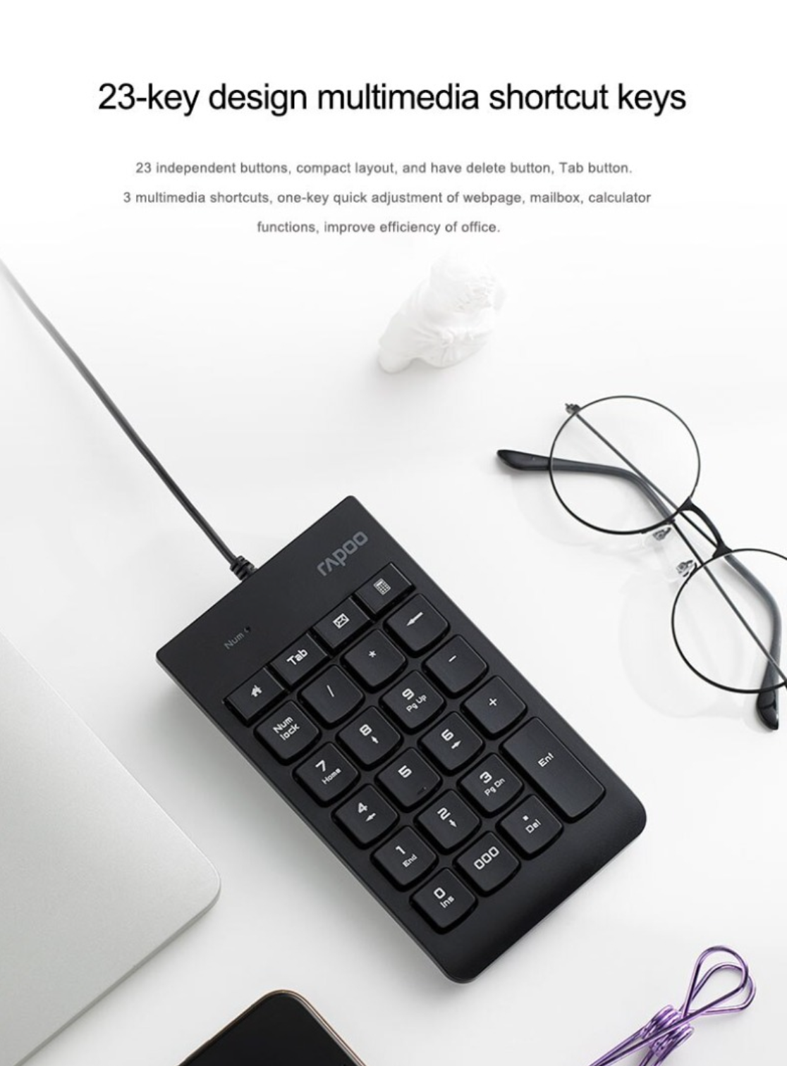 Rapoo K10 Compact Wired Numeric Keypad Number Pad Num Pad 23 Keys