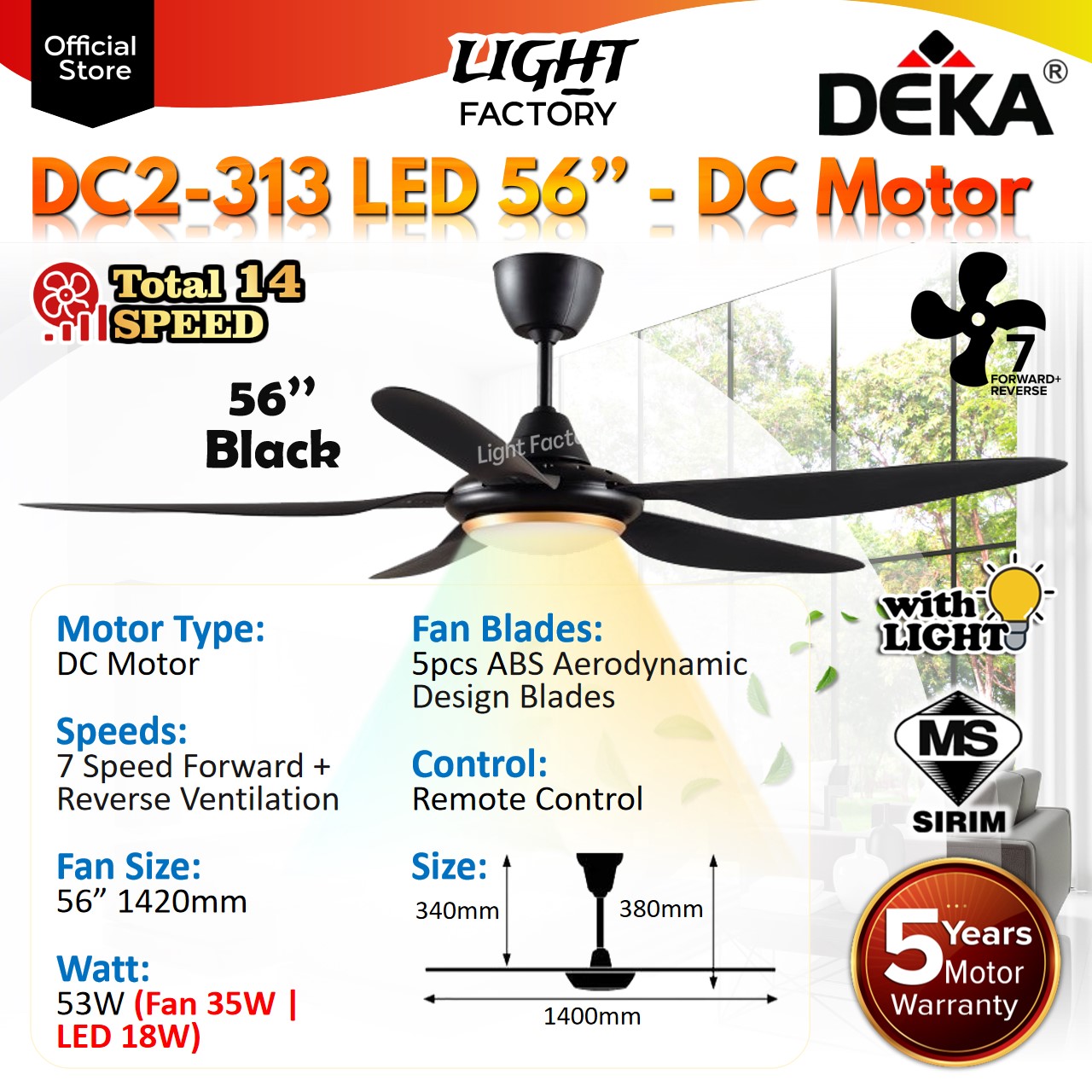 🔥SIRIM🔥 DEKA DC2-311 DC2-313LED 56" 5 Blades DC Ceiling Fan Upgraded 7 ...
