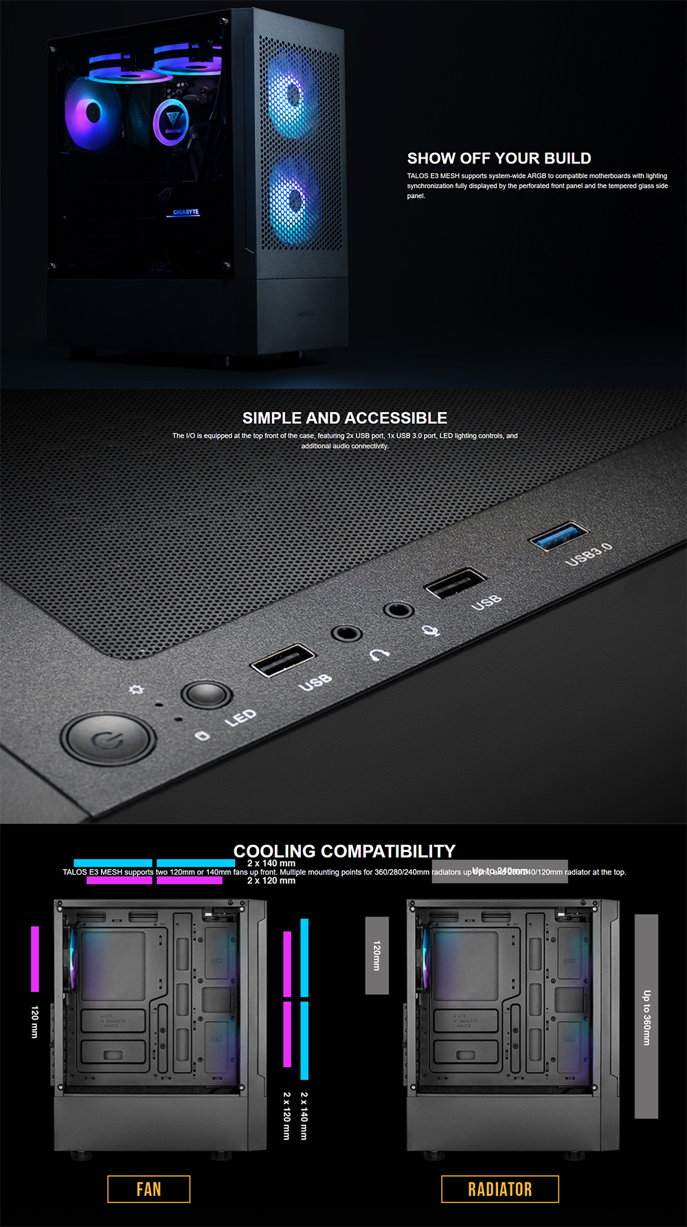 Gamdias TALOS E3 MESH Perforated RGB Mid-tower PC Case ATX Mesh Front ...