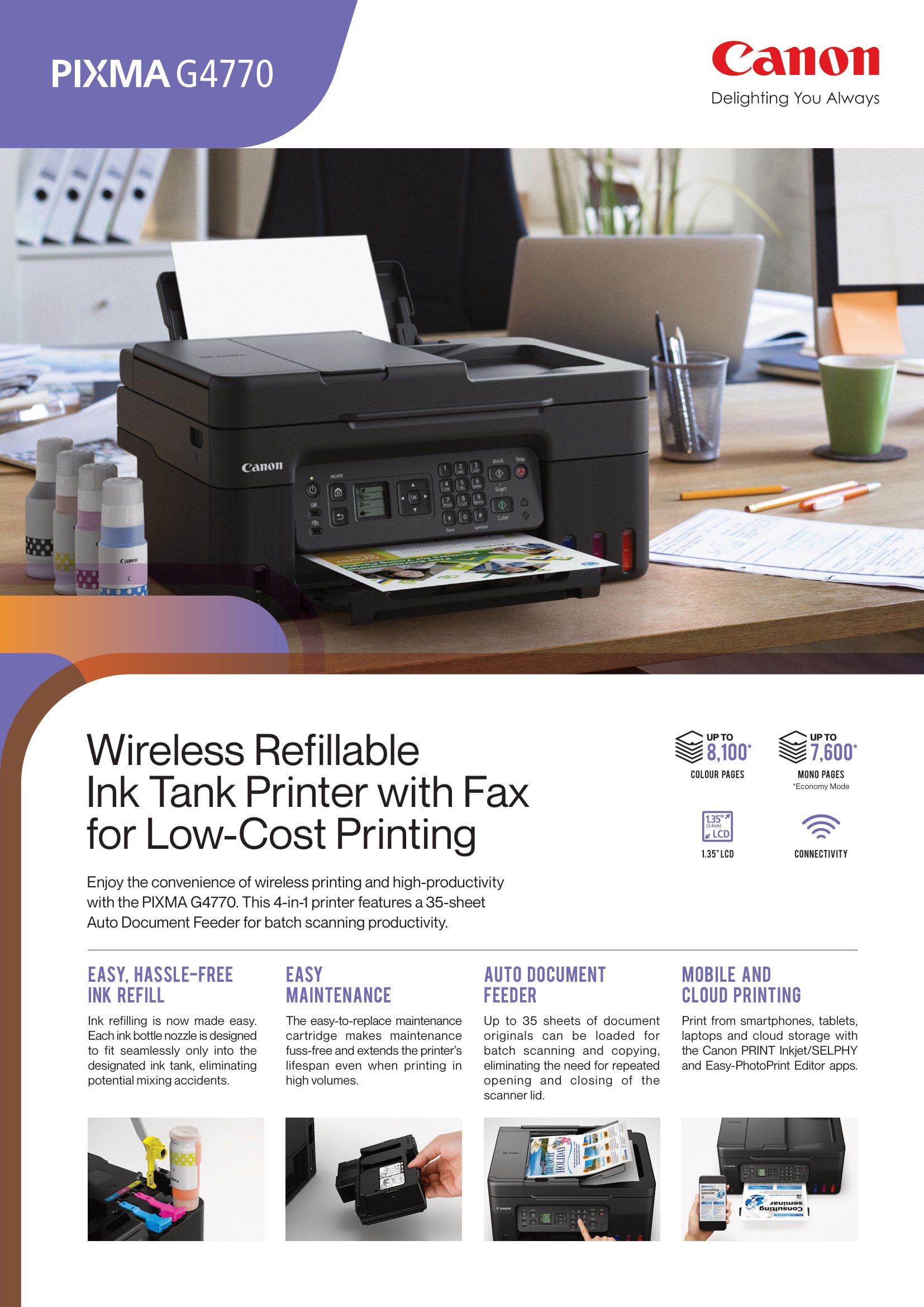 Canon Pixma G4770 All-in-One WIreless Inkjet Printer with Fax for Low ...