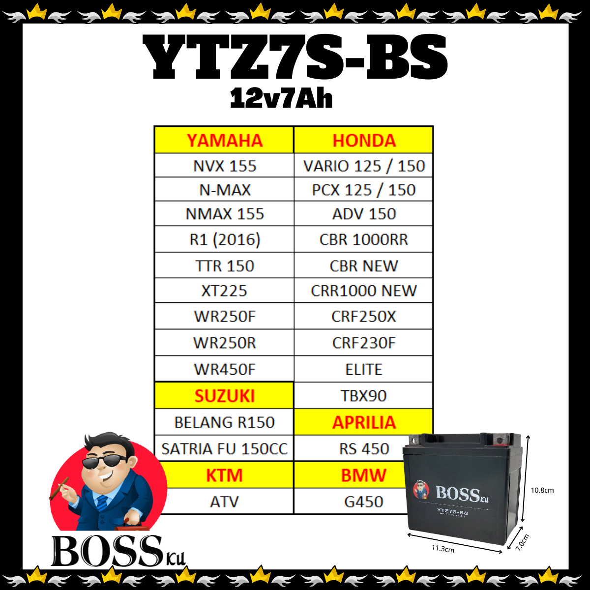 BOSSKU BATERI YTZ7S MOTOR BATTERY YTZ7 YTZ7V (YT6B YTZ6V) RS150 RSX ...