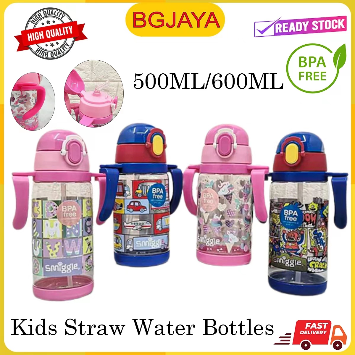 500ML/600ML Kids Water Bottle BPA Free with Straw Botol Air Kanak ...