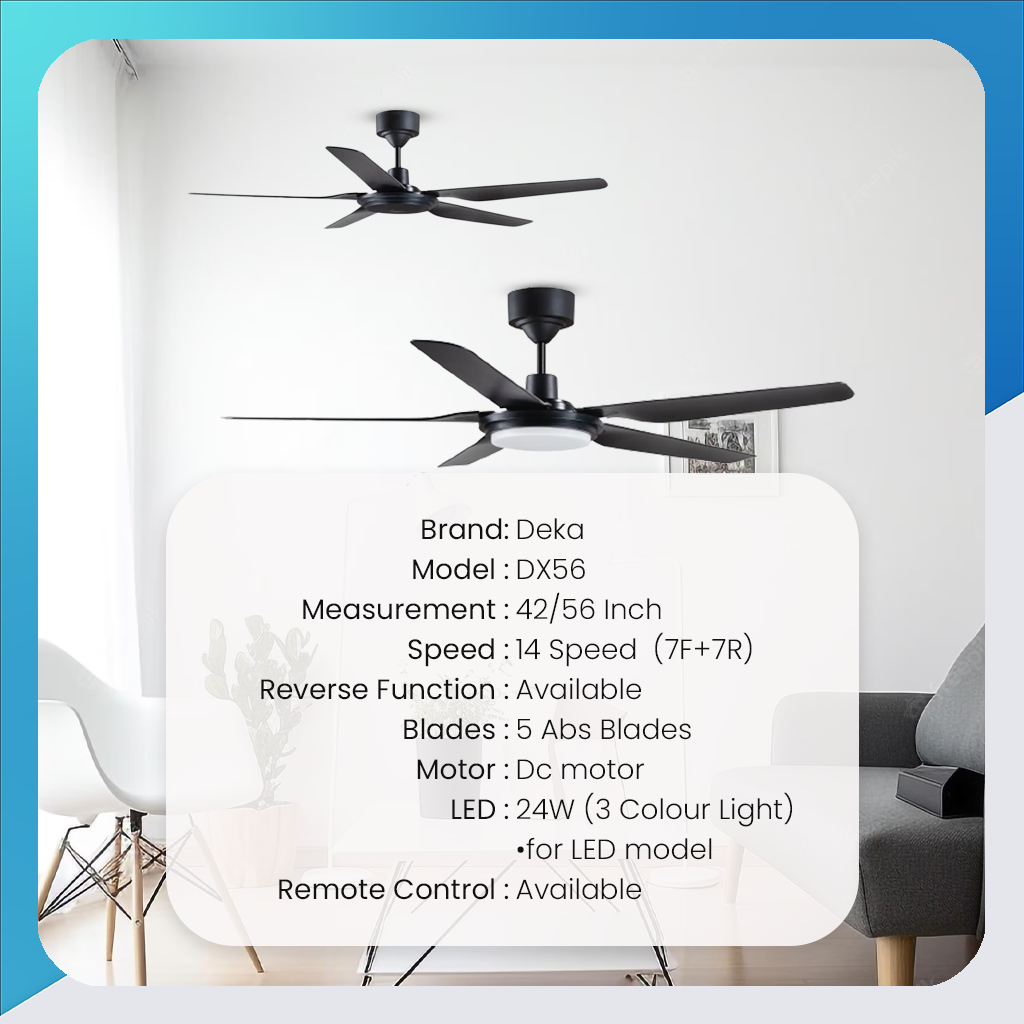 [𝐍𝐄𝐖] DEKA Ceiling Fan DX56 With LED Remote Control 5 ABS Blades 56" 42 ...
