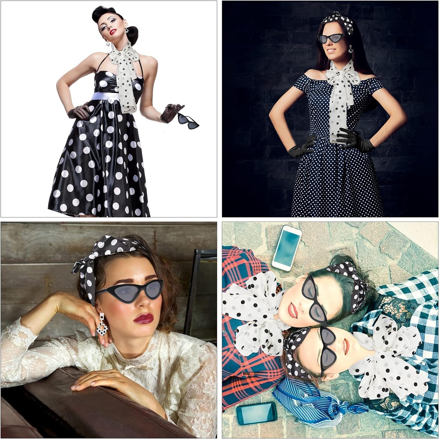 50s Fancy Dress Retro Accessories Set Gatsby Polka Dot Bandana Tie ...