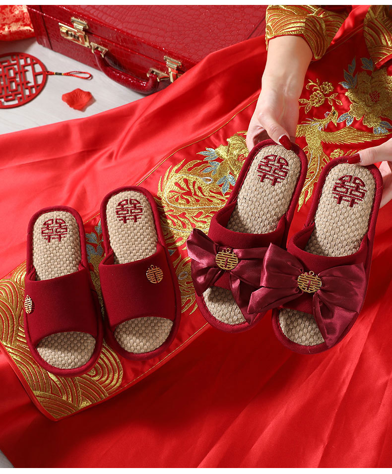 Chinese Chinese Wedding Wine Red Bedroom Slippers Chinese Bow-Knot(One ...