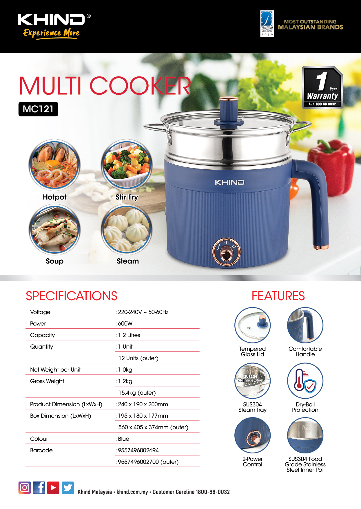 KHIND Multi Cooker (600W/1.2L) MC121 | Shopee Malaysia