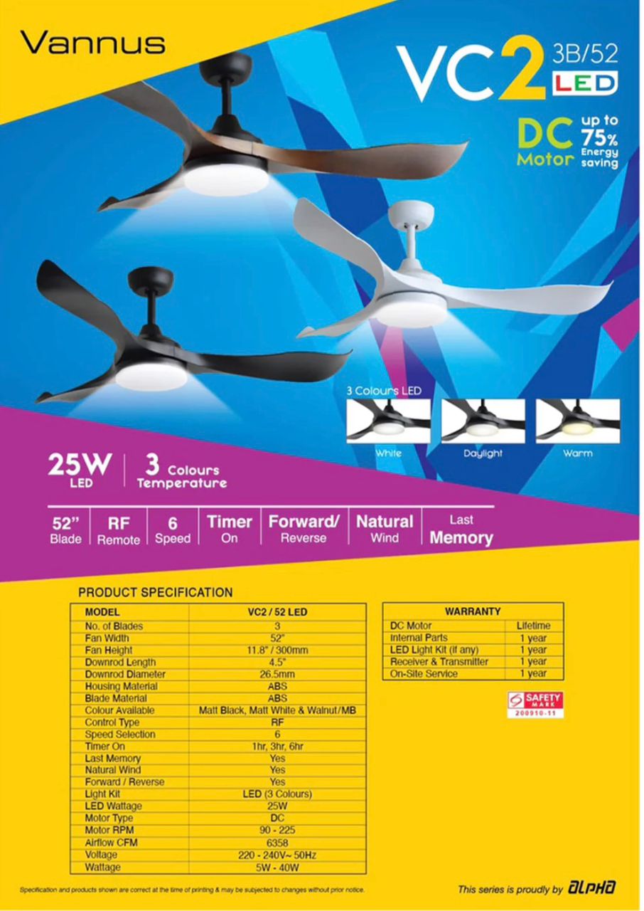 ALPHA VANNUS VC2 / VC2 LED 52"Ceiling Fan 3 Blades DC Motor Remote ...