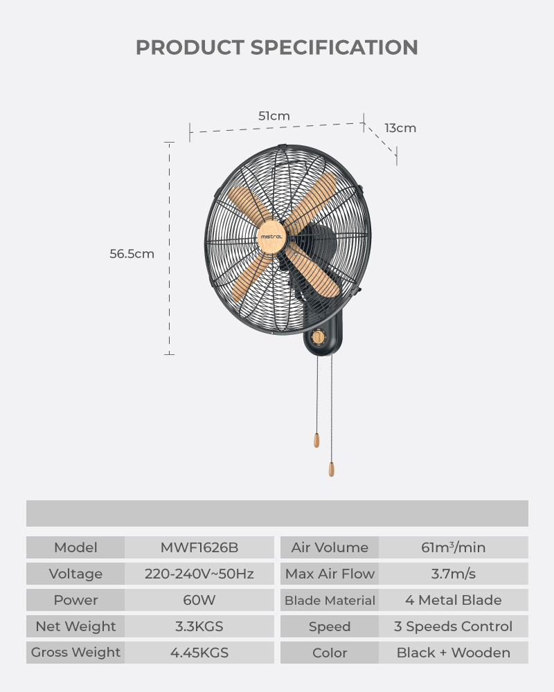 [FAST SHIPPING] Mistral 16” Wall Fan MWF1626 Wall Fan Wooden Design ...