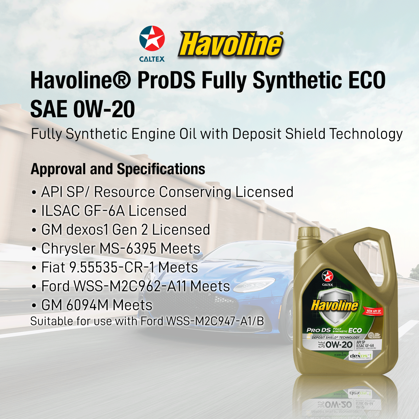 Caltex Havoline Pro DS ECO 0W-20 Fully Synthetic Petrol Engine Oil (3 ...