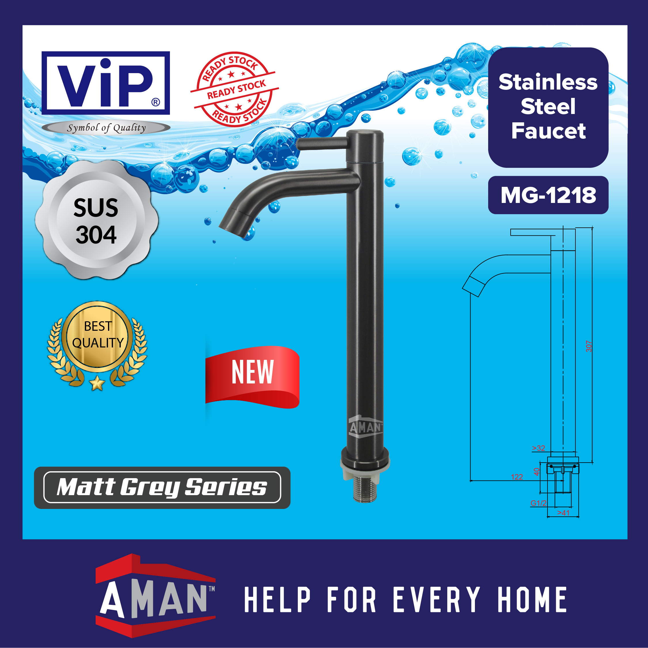 ViP SUS-304 Stainless Steel Matt Grey Pillar Tap Water Tap Faucet ...