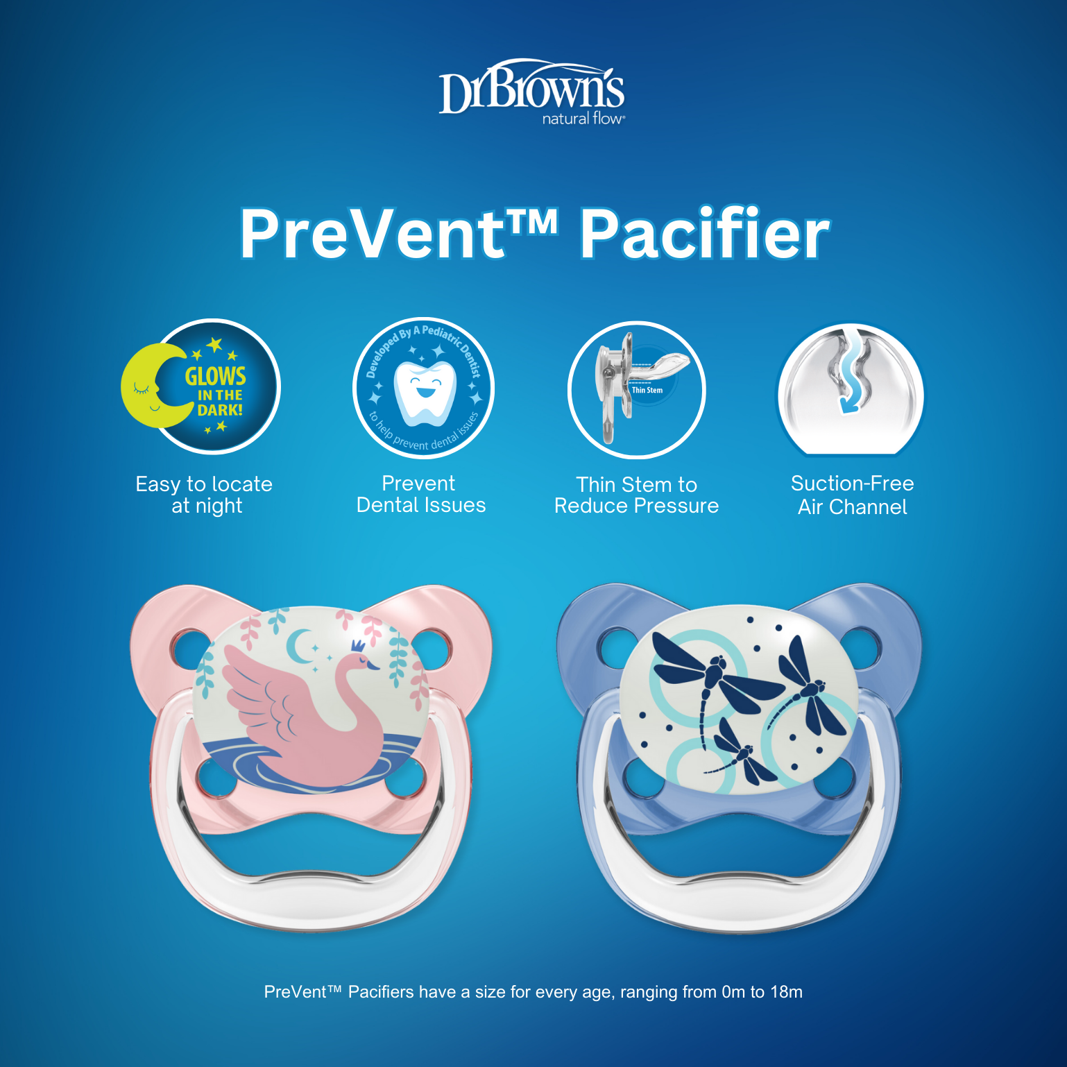Dr. Brown's PreVent™ Glow in the Dark Pacifiers, Stage 1 for 0-6months ...