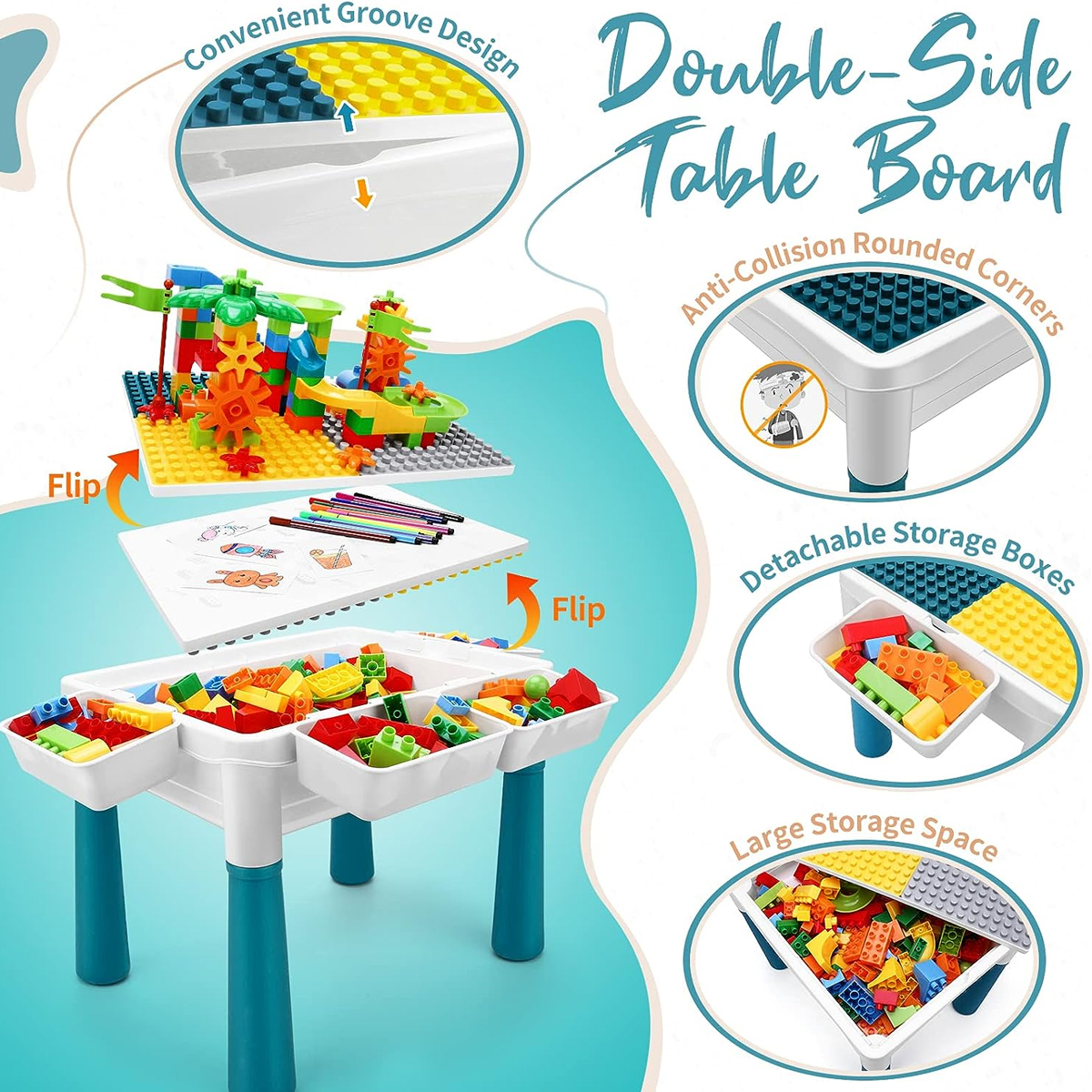 【24H】Multi-Function Building Blocks Table For Kids Learning Playing Study Drawing Compatible ...